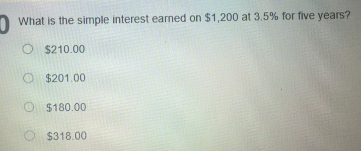 Solved: What is the simple interest earned on $1,200 at 3.5% for five ...