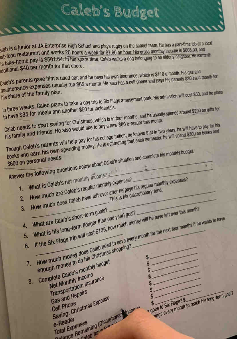 Caleb's Budget aleb is a junior at JA Enterprise High School and plays ...