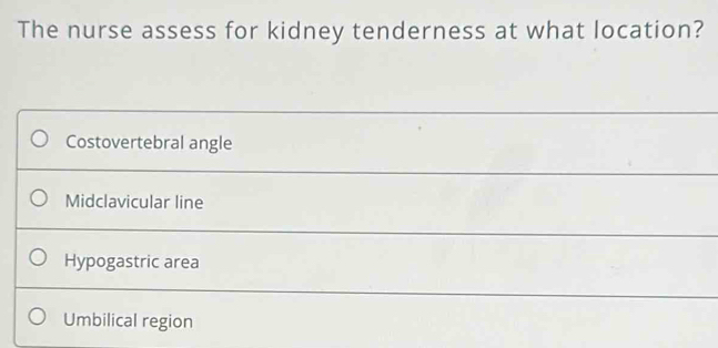 Solved: The nurse assess for kidney tenderness at what location ...