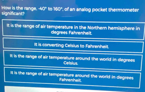 Solved: How is the range. -40° to 160° , of an analog pocket ...