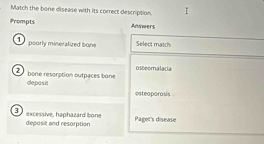 Solved: Match the bone disease with its correct description. Prompts ...