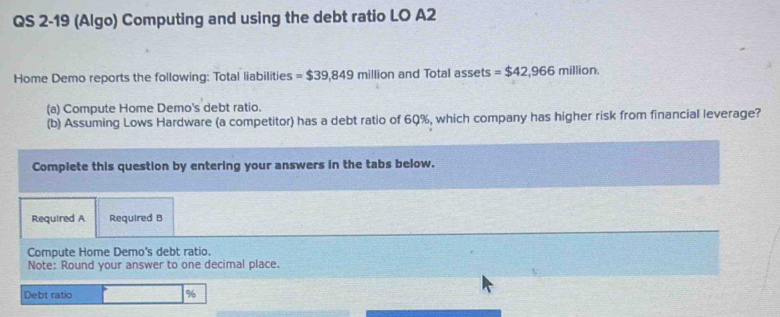 Solved: QS 2-19 (Algo) Computing and using the debt ratio LO A2 Home ...