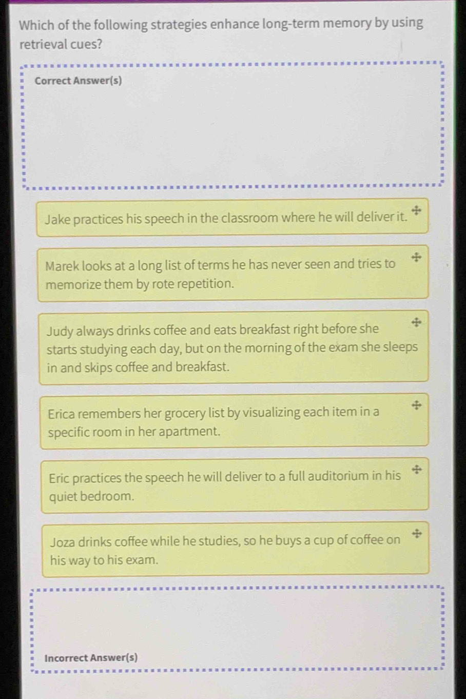 Solved: Which of the following strategies enhance long-term memory by using retrieval cues ...
