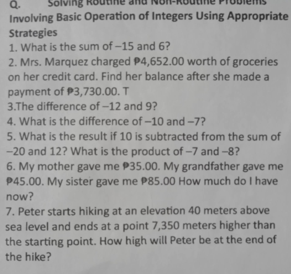 Solved: Solving Routine and Non-Routine Problems Involving Basic Operation of Integers Using ...