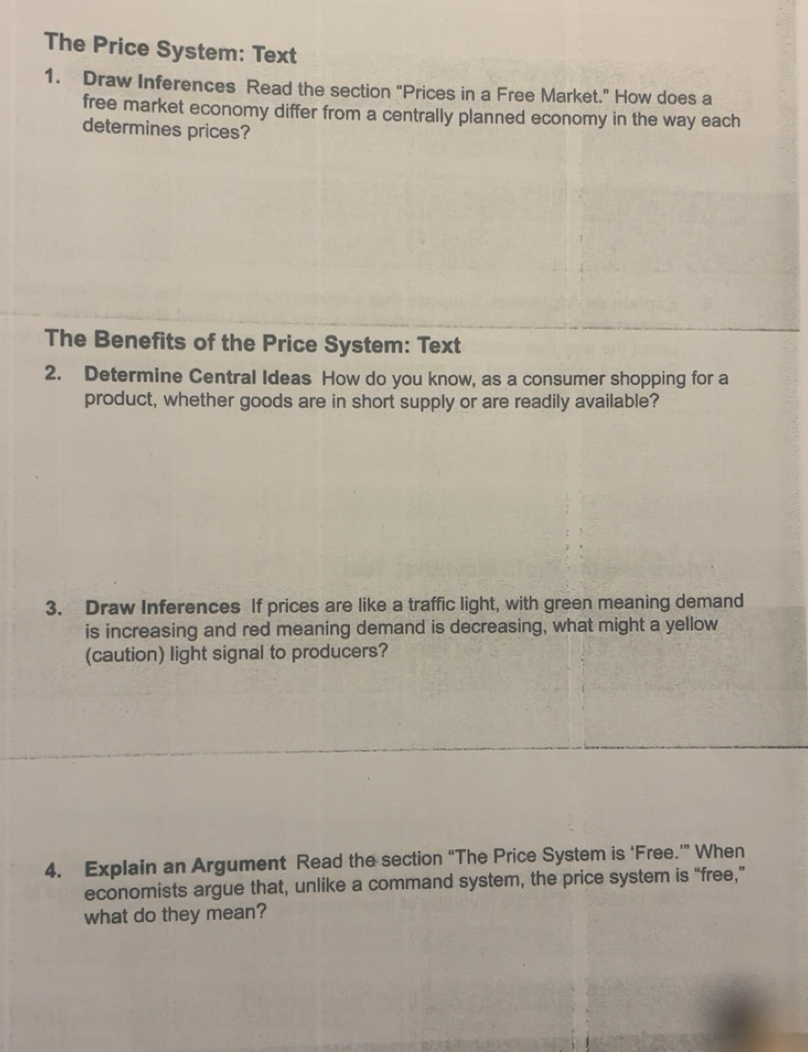 Solved: The Price System: Text 1. Draw Inferences Read the section ...