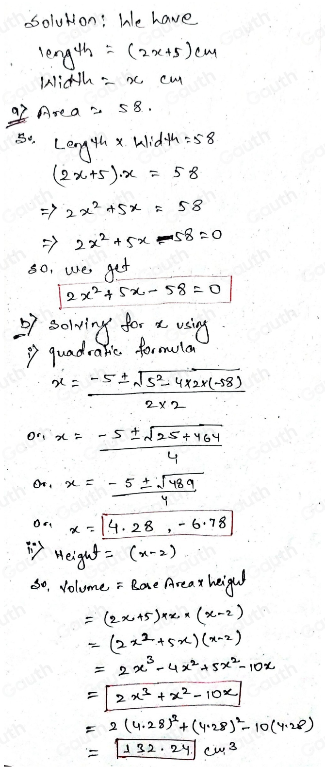 Solved: The base of an open rectangular box is of length (2x+5)cm and ...