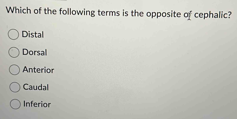 Solved: Which of the following terms is the opposite of cephalic ...