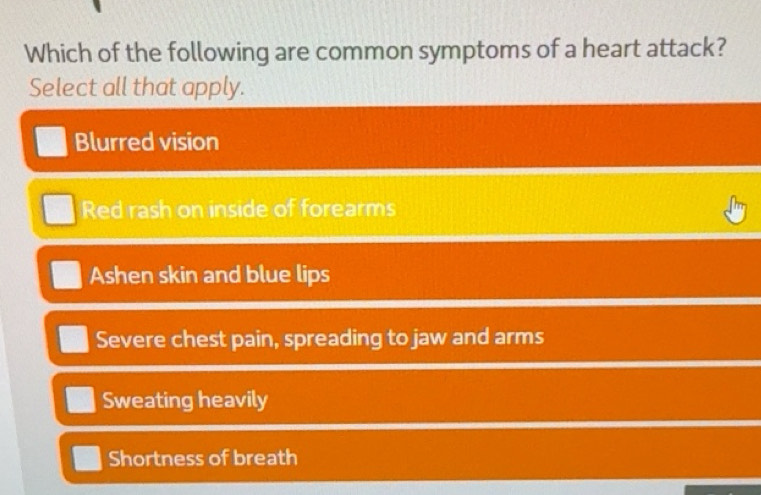 Solved: Which of the following are common symptoms of a heart attack ...