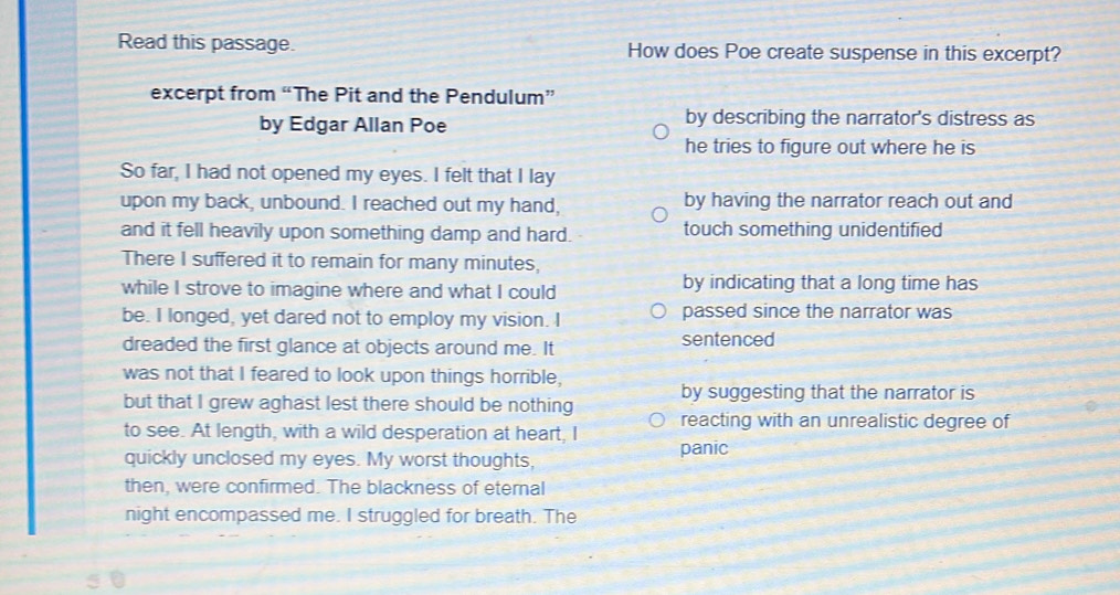 Solved: Read this passage. How does Poe create suspense in this excerpt ...