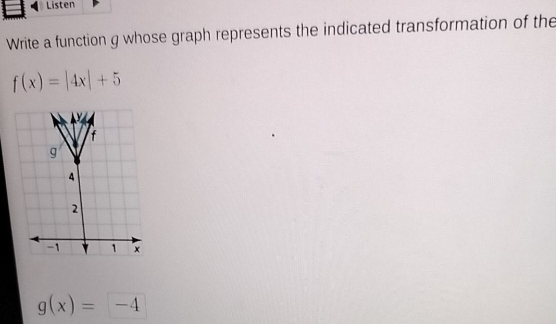 Solved: Listen Write a function g whose graph represents the indicated transformation of the f(x ...