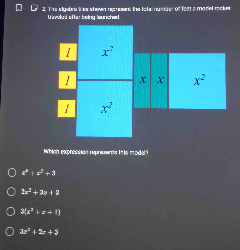 Solved: The algebra tiles shown represent the total number of feet a model rocket traveled after ...