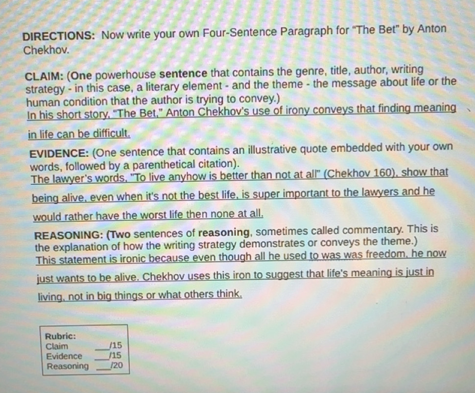 Solved: DIRECTIONS: Now write your own Four-Sentence Paragraph for “The ...