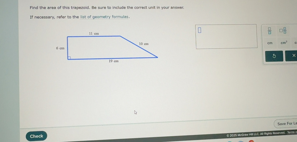 Solved: Find the area of this trapezoid. Be sure to include the correct ...