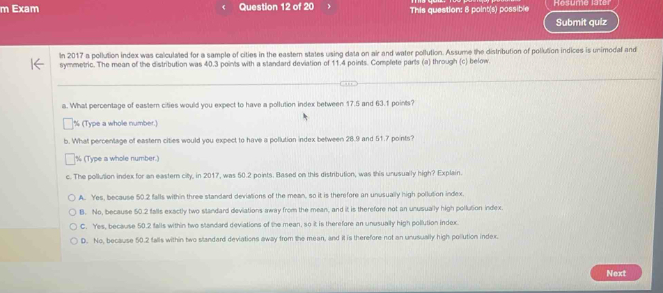 Solved: Exam Question 12 of 20 This question: 8 point(s) possible ...