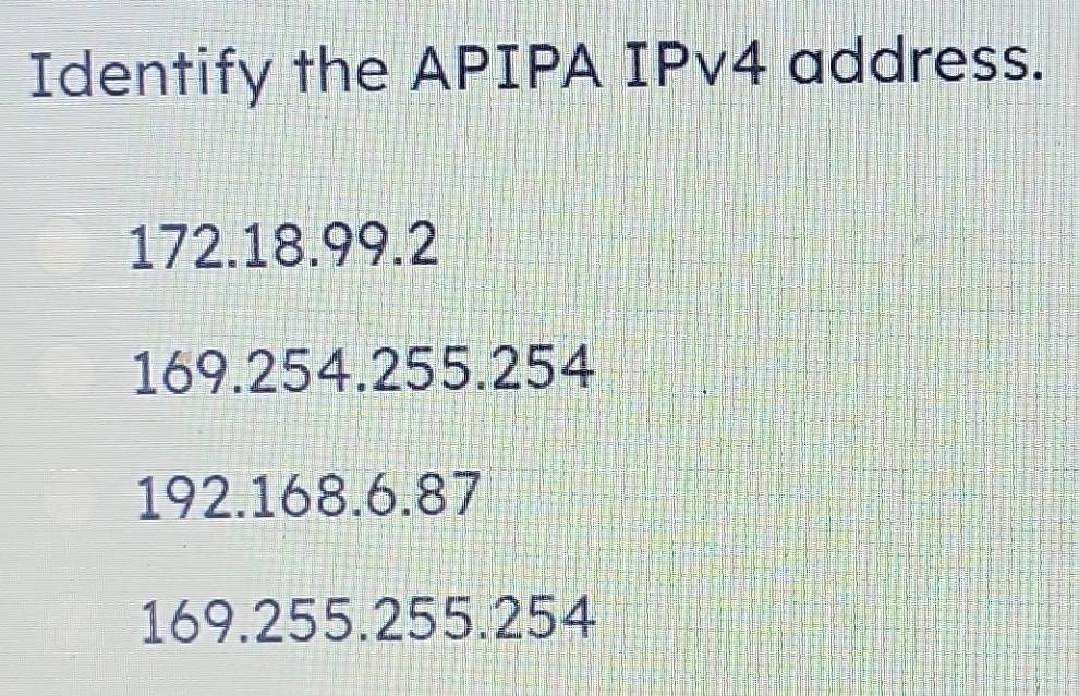 Solved: Identify the APIPA IPv4 address. 172.18.99.2 169.254. 255.254 ...