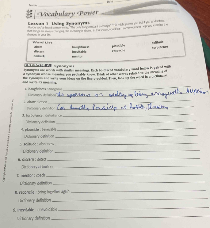 Solved: Date_ Name Vocabulary Power Lesson 1 Using Synonyms Maybe you ...