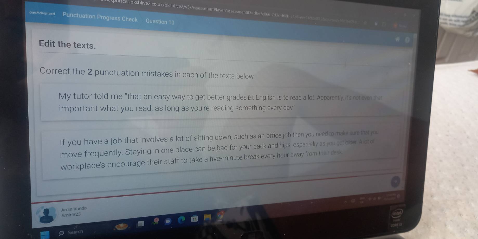 Solved: oneAdvanced Punctuation Progress Check Question 10 Edit the texts. Correct the 2 punctua ...