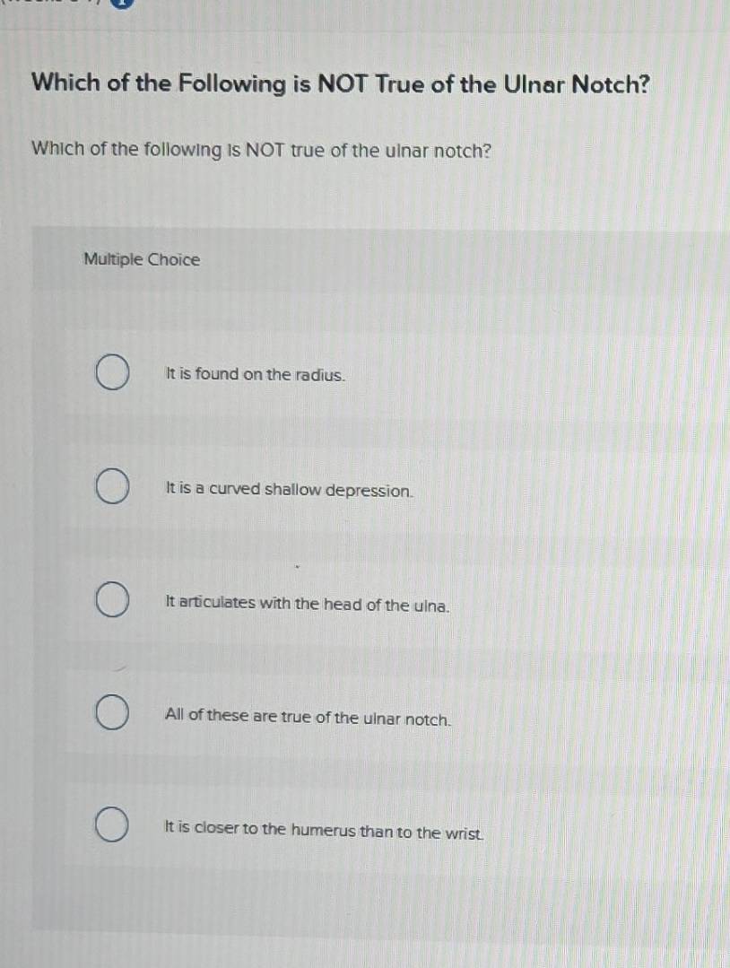 Solved: Which of the Following is NOT True of the Ulnar Notch? Which of ...