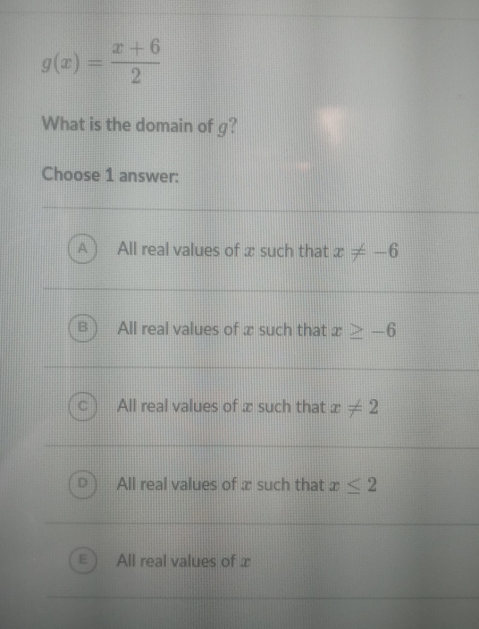 Solved: g(x)= (x+6)/2 What is the domain of g? Choose 1 answer: All ...