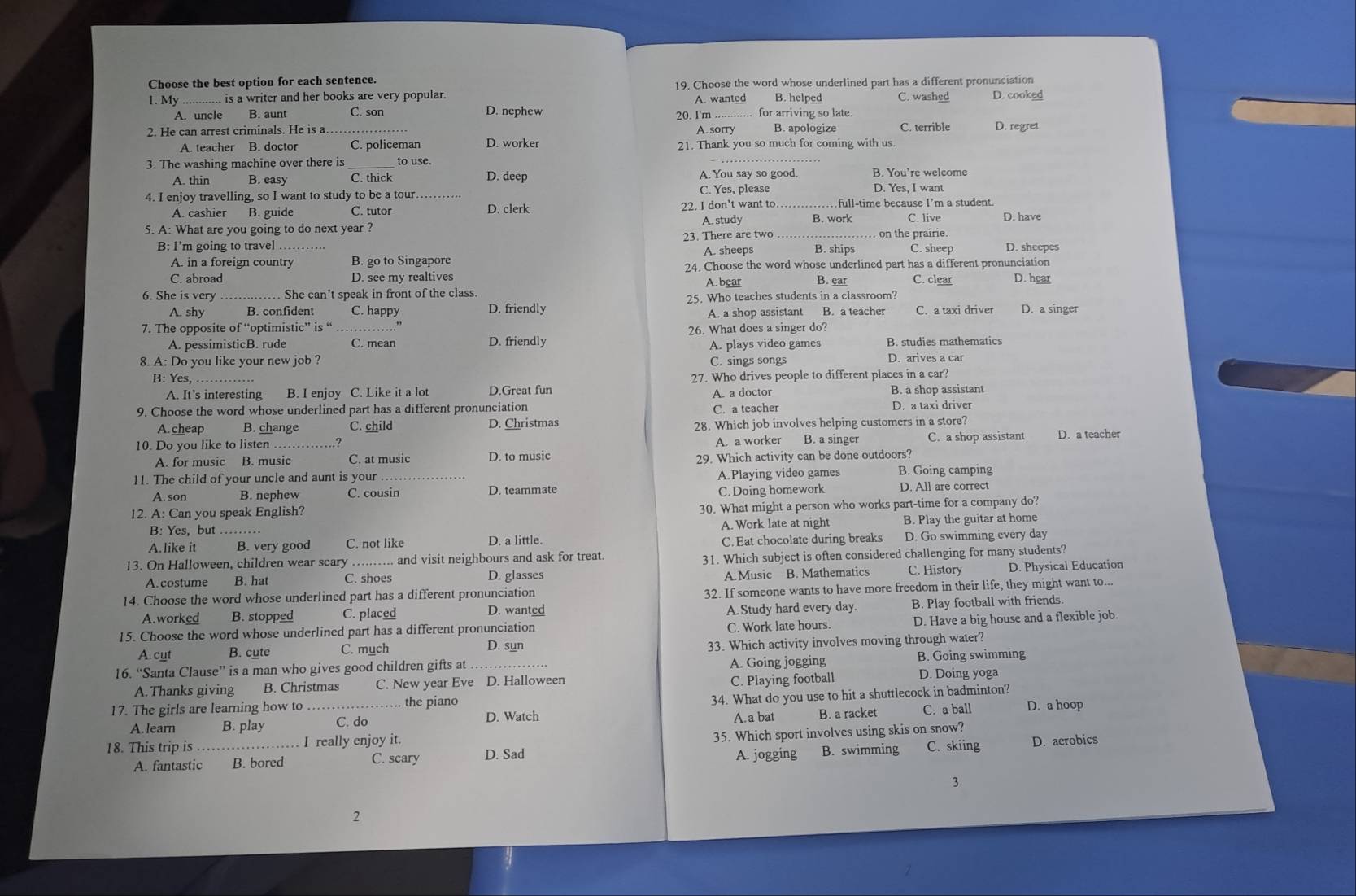 Giải quyết:Choose the best option for each sentence. 19. Choose the ...