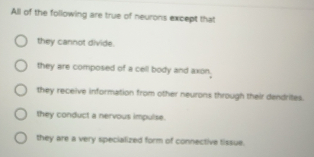 Solved: All of the following are true of neurons except that they ...