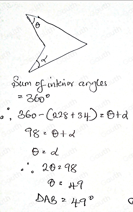 Solved: In the quadrilateral below, angles DAB and BCD are the same size. What is the size of ...