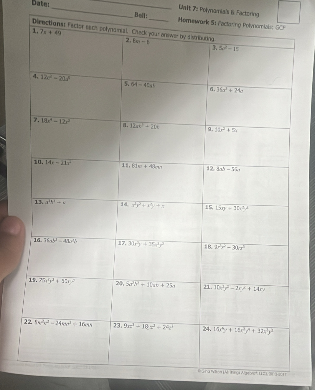 Solved: Date: _ _ Unit 7: Polynomials & Factoring Bell:_ H @ Gina ...