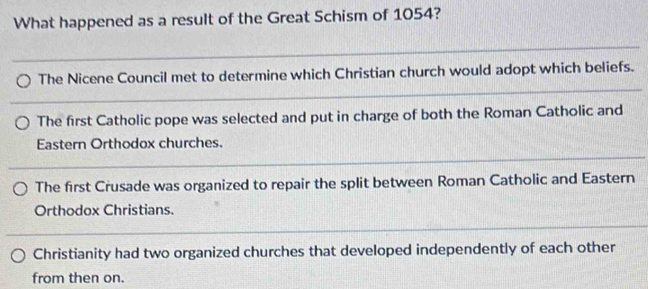 Solved: What happened as a result of the Great Schism of 1054? The ...