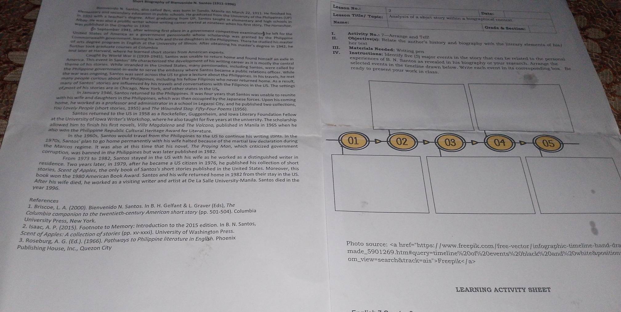 Solved: Biography of Blenvenido N. Santos (1911-1996) Lesson No ...