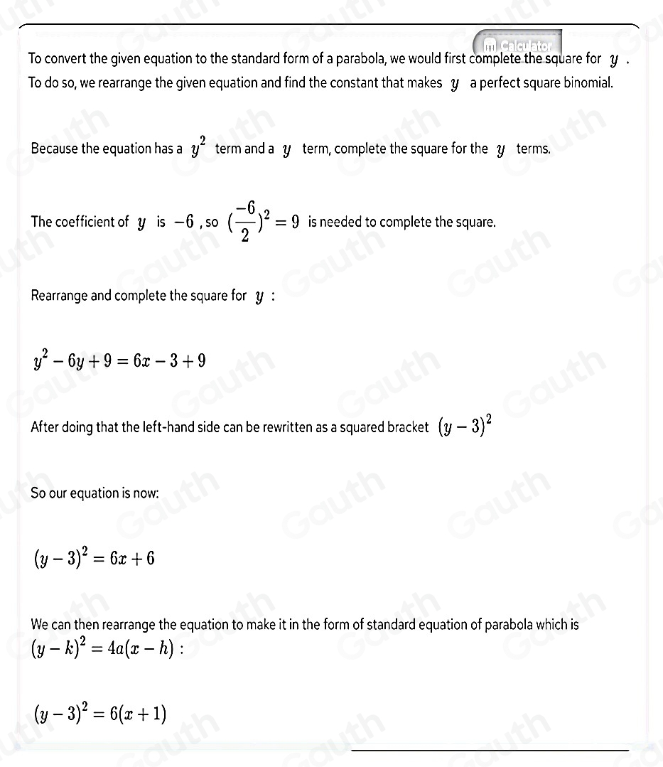 Solved: Convert the equation to the standard form for a parabola by ...
