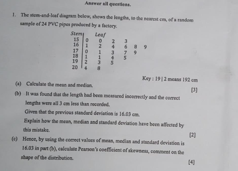 Selesai:Answer all questions. 1. The stem-and-]eaf diagram below, shows ...
