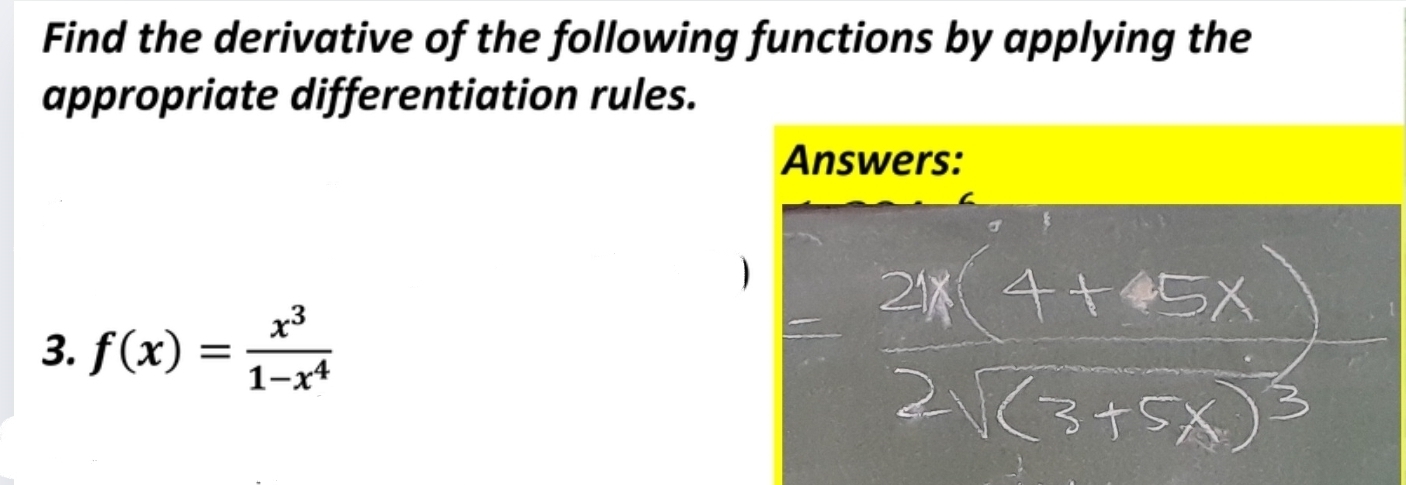 Solved: Find the derivative of the following functions by applying the ...