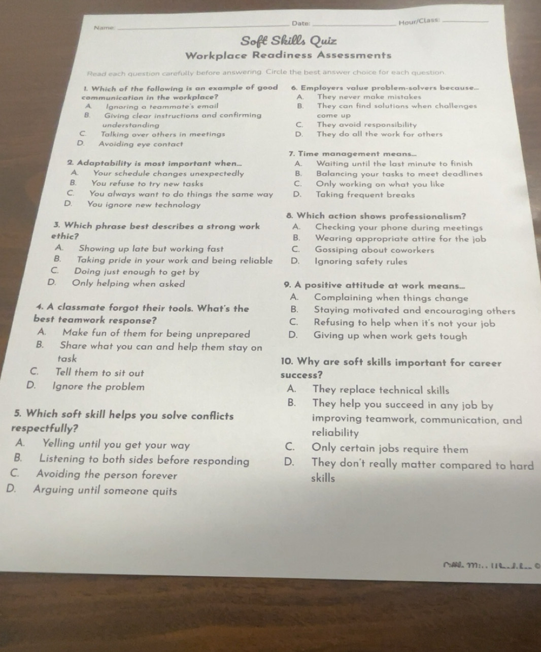 Solved: Date: Hour/Class:_ Name Soft Skills Quiz Workplace Readiness ...
