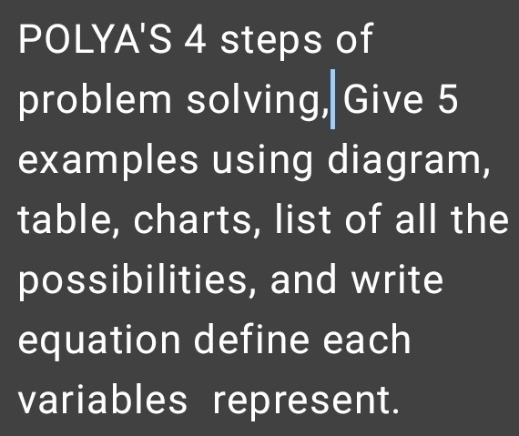 Solved: POLYA'S 4 steps of problem solving, Give 5 examples using ...