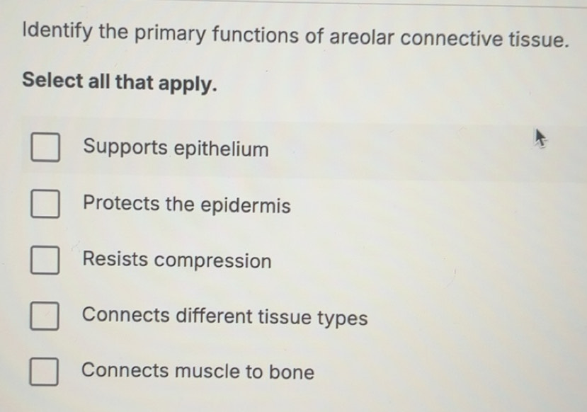 Solved: ldentify the primary functions of areolar connective tissue. Select all that apply ...