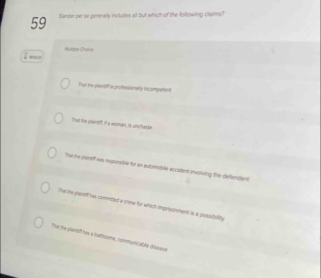 Solved: Slander per se generally includes all but which of the ...