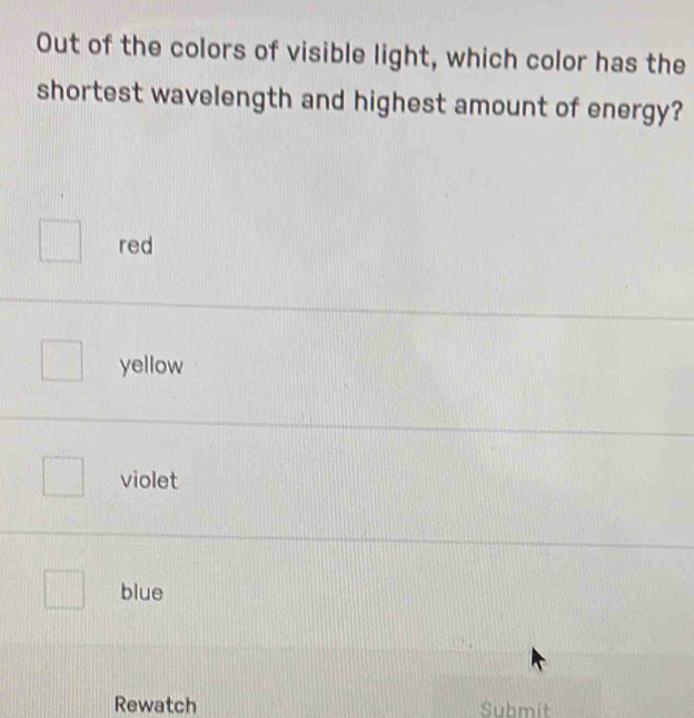 Solved: Out of the colors of visible light, which color has the ...