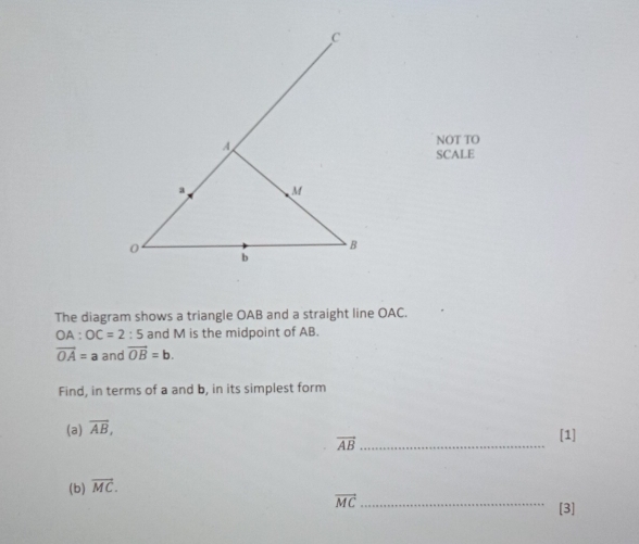 Selesai:NOT TO SCALE The diagram shows a triangle OAB and a straight line OAC. OA:OC=2:5 and M is