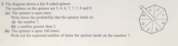 Solved: The diagram shows a fair 8 -sided spinner. The numbers on the ...