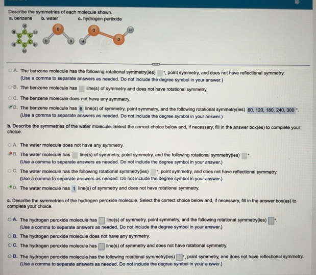 Solved: Describe the symmetries of each molecule shown. a. benzene b ...
