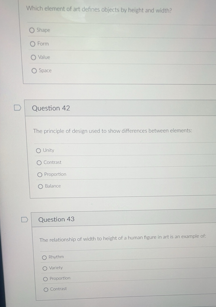 Solved: Which element of art defnes objects by height and width? Shape ...