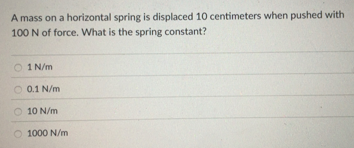 Solved: A mass on a horizontal spring is displaced 10 centimeters when ...