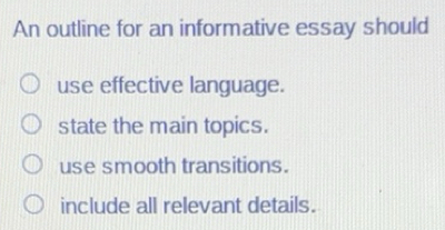 Solved: An outline for an informative essay should use effective ...