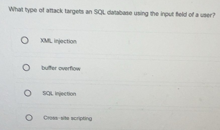 Solved: What type of attack targets an SQL database using the input ...