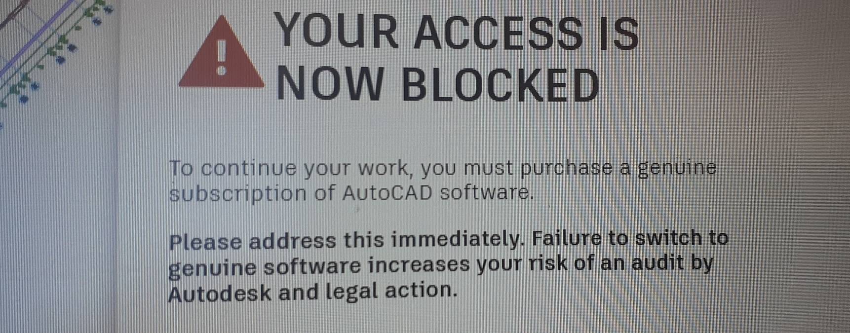 Resuelto:a YOUR ACCESS IS NOW BLOCKED To continue your work, you must purchase a genuine subscr