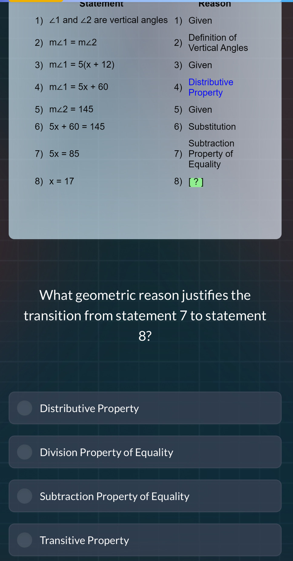 Solved: Statement Reason 1) ∠ 1 and ∠ 2 are vertical angles 1) Given ...