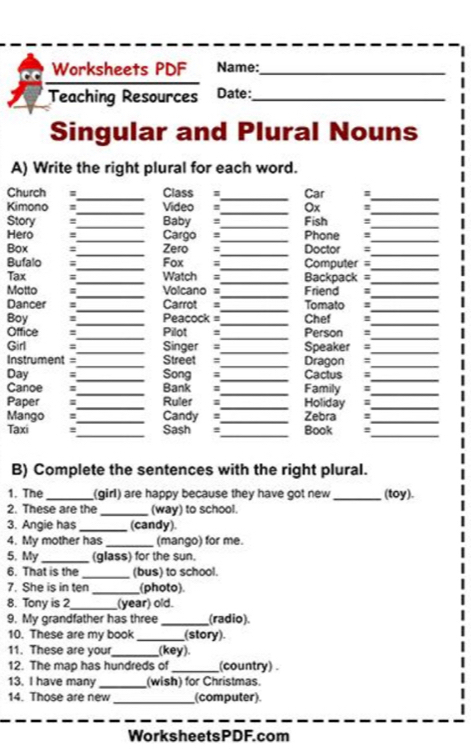 تم الحل:Worksheets PDF Name:_ Teaching Resources Date:_ Singular and ...