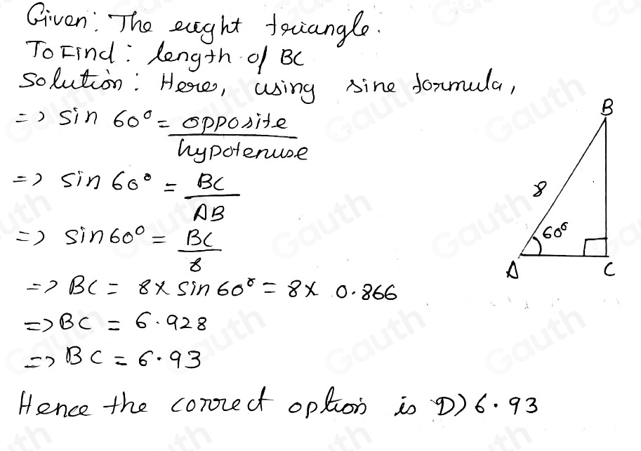 Solved: In the right triangle shown below, the length of AB is 8 units, ∠ A measures 60° sin 60 ...