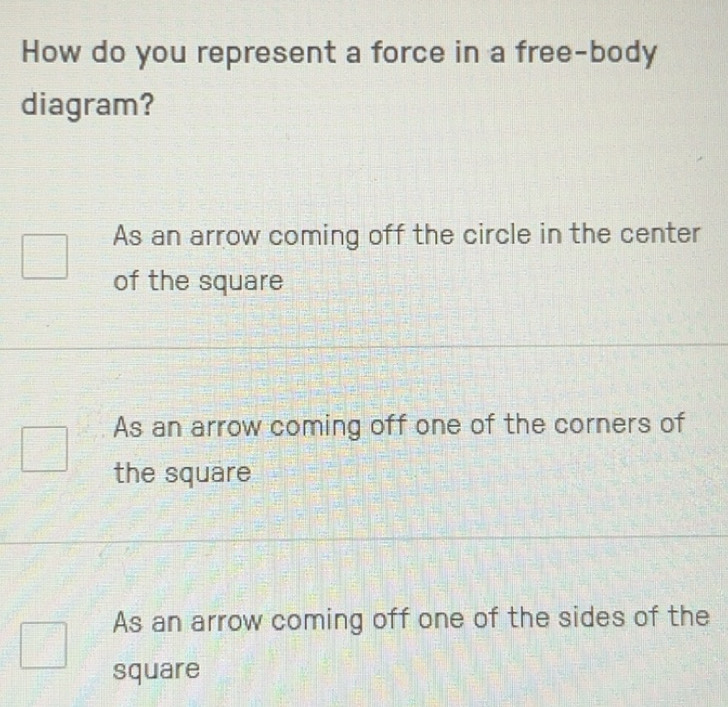 Solved: How do you represent a force in a free-body diagram? As an ...