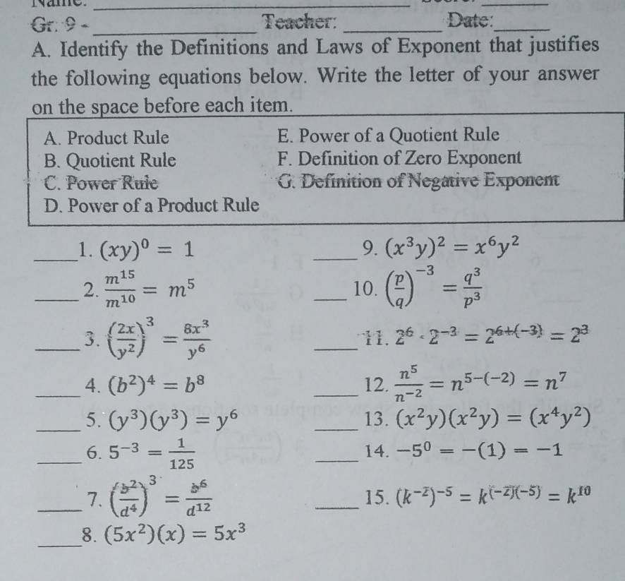 Solved: Name_ _ Gr. 9 - _Teacher: _Date:_ A. Identify the Definitions ...